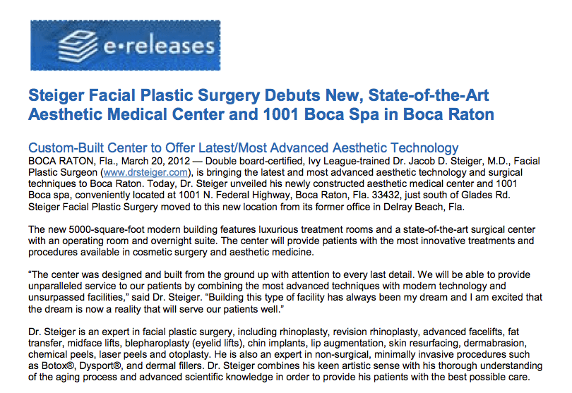 eReleases: Dr. Steiger’s New Facility | Steiger Facial Plastic Surgery ...