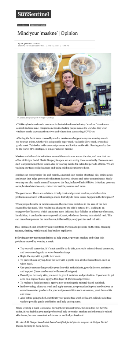 Sun Sentinel – Dr.Steiger – Mind your ‘maskne’ | Opinion – 6-18-20 ...